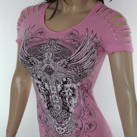 Bling | Tops | Bling Soft Pink Cross Angel Wing Razor Cut Top | Poshmark